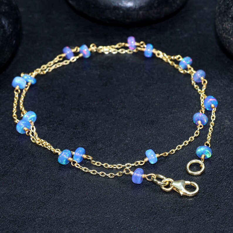 Natural Blue Fire Ethiopian Opal Beaded Gold Chain Wire Wrap Necklace ...