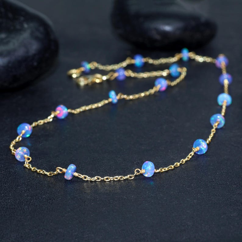 Natural Blue Fire Ethiopian Opal Beaded Gold Chain Wire Wrap Necklace ...