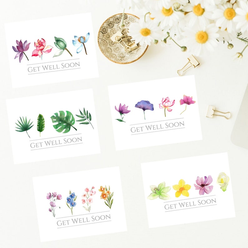 10 Card Set - Watercolor Floral Feel Better Soon Cards, Well Wishes ...