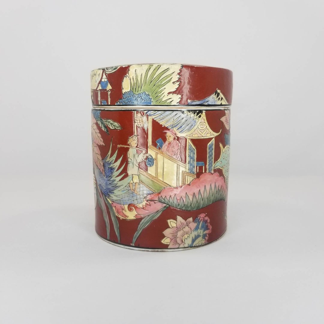 Vintage Red Scenic Oriental Tea Caddy, Red Oriental Tea Caddy, Red Tea ...
