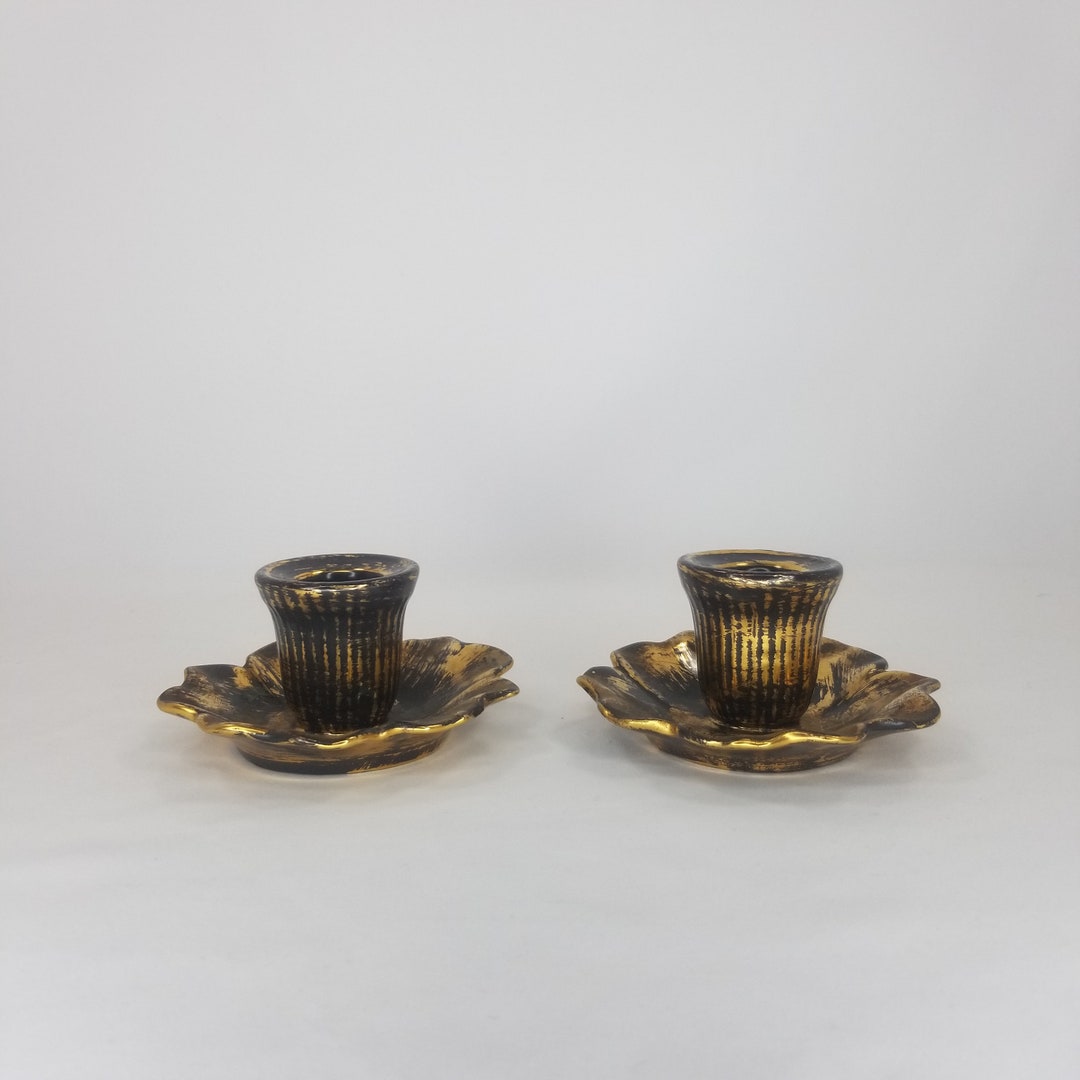 Vintage Pair of Stangl Pottery Black and Gold Candlestick Holders ...