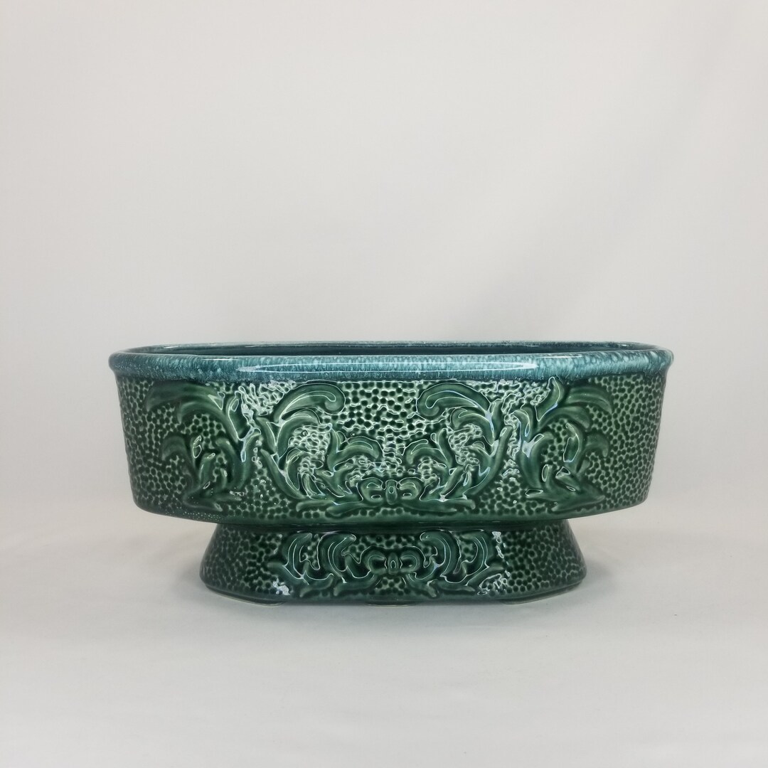 Vintage Green and Blue Embossed Glazed Oblong Pottery Planter, Embossed Glazed Pottery Planter ...