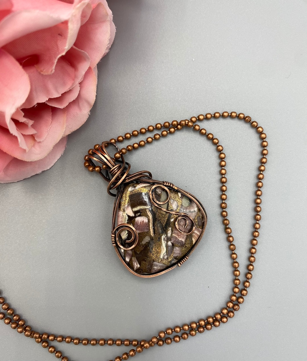 Pink and Copper Triangle Pendant Copper Wire Wrapped Pendant - Etsy