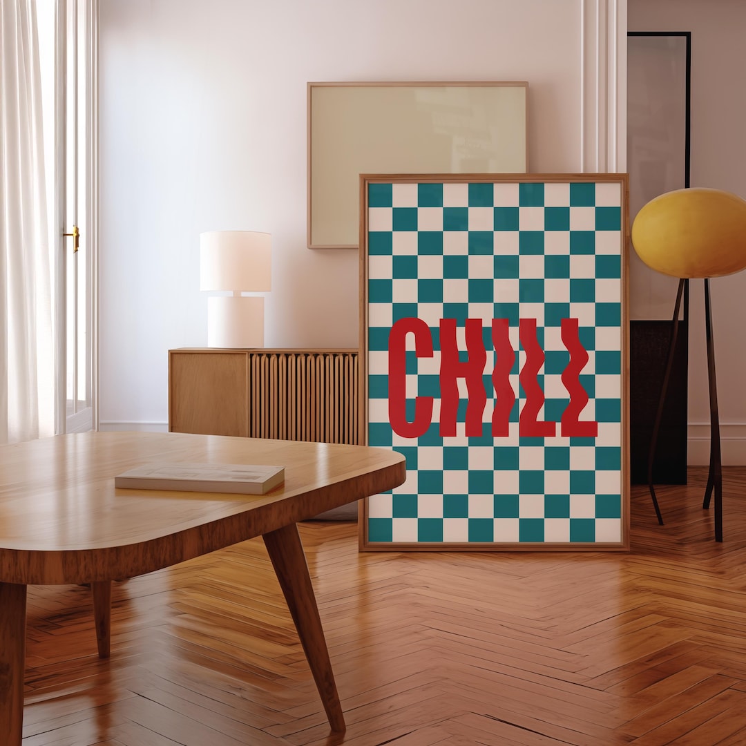 Trendy Chill Poster, Checkered Teal Blue&red Quote Print, Maximalist ...