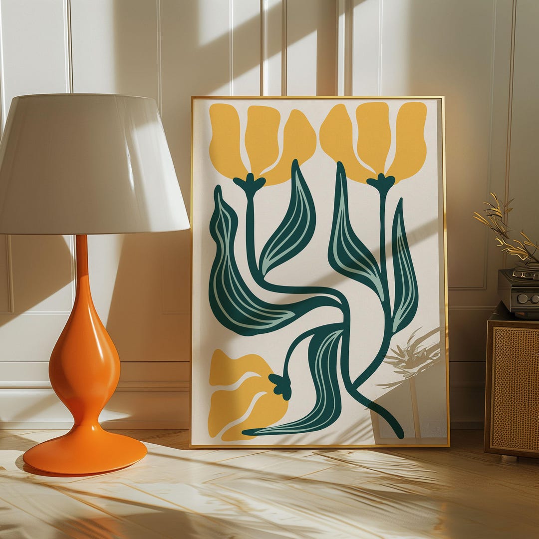 Boho Abstract Flower Poster, Maximalist Home Decor, Yellow Matisse ...