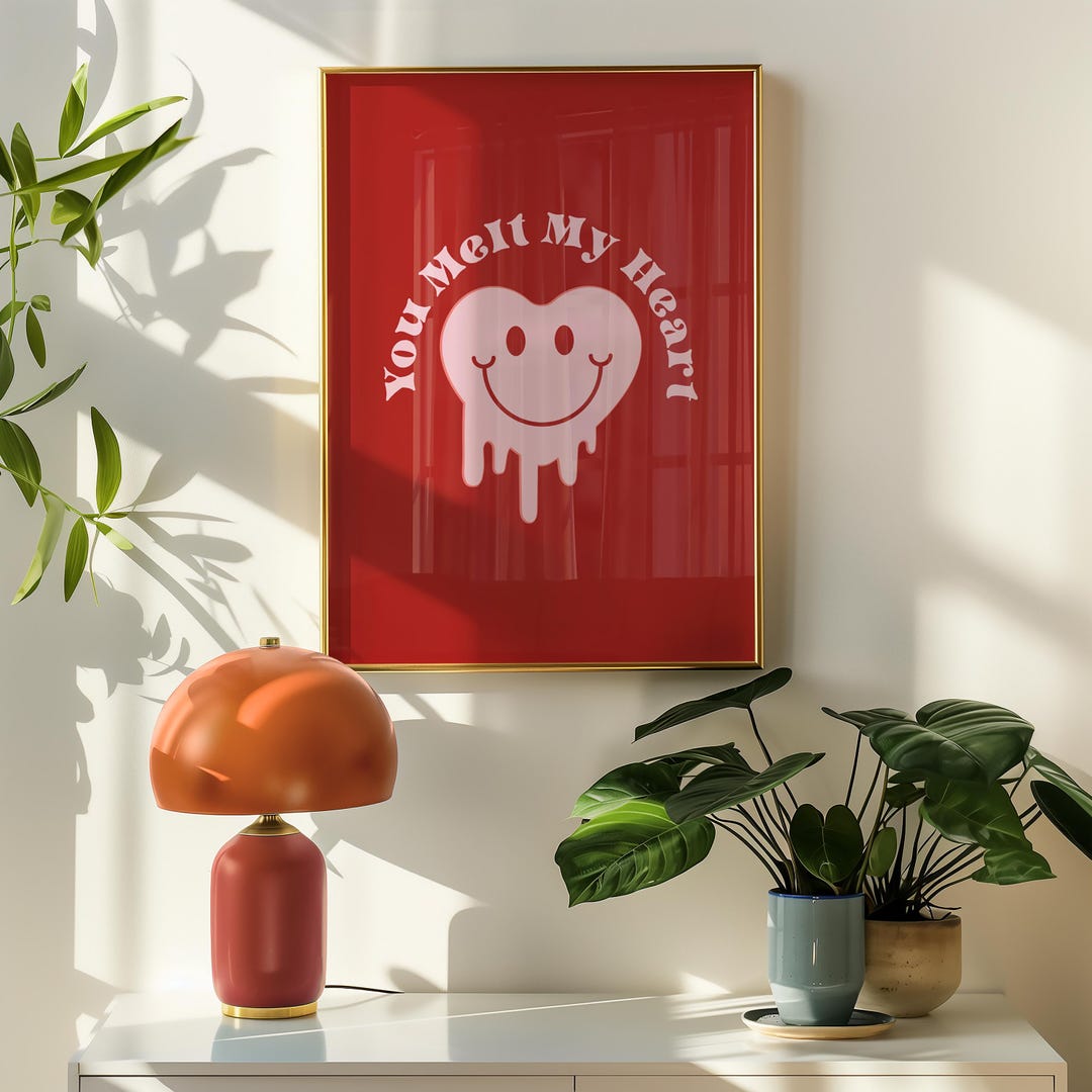 Retro Groovy Pink Heart Print, Trendy Love Typography Poster, Abstract ...