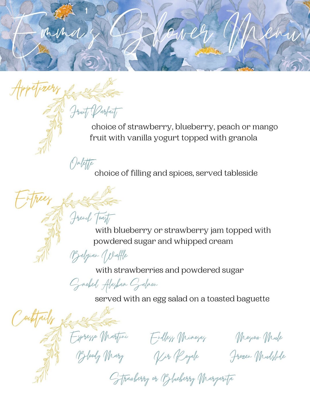 Blue Aster Menu Template - Etsy
