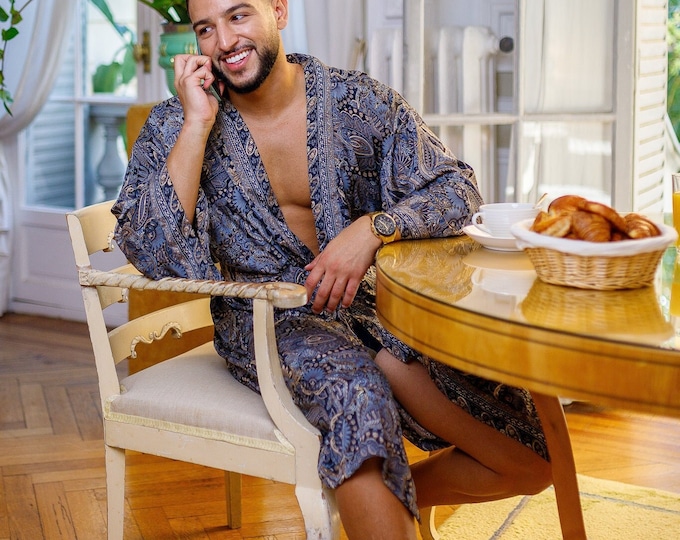 Black and Gold Mens Silk Kimono Robe, Boheme Silk Dressing Gown for Man ...