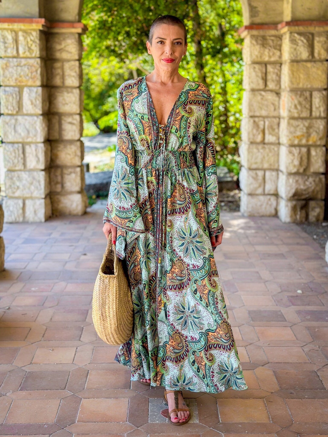 Silk Maxi Dress – Lace-up Front, Vintage Boho Style - Etsy