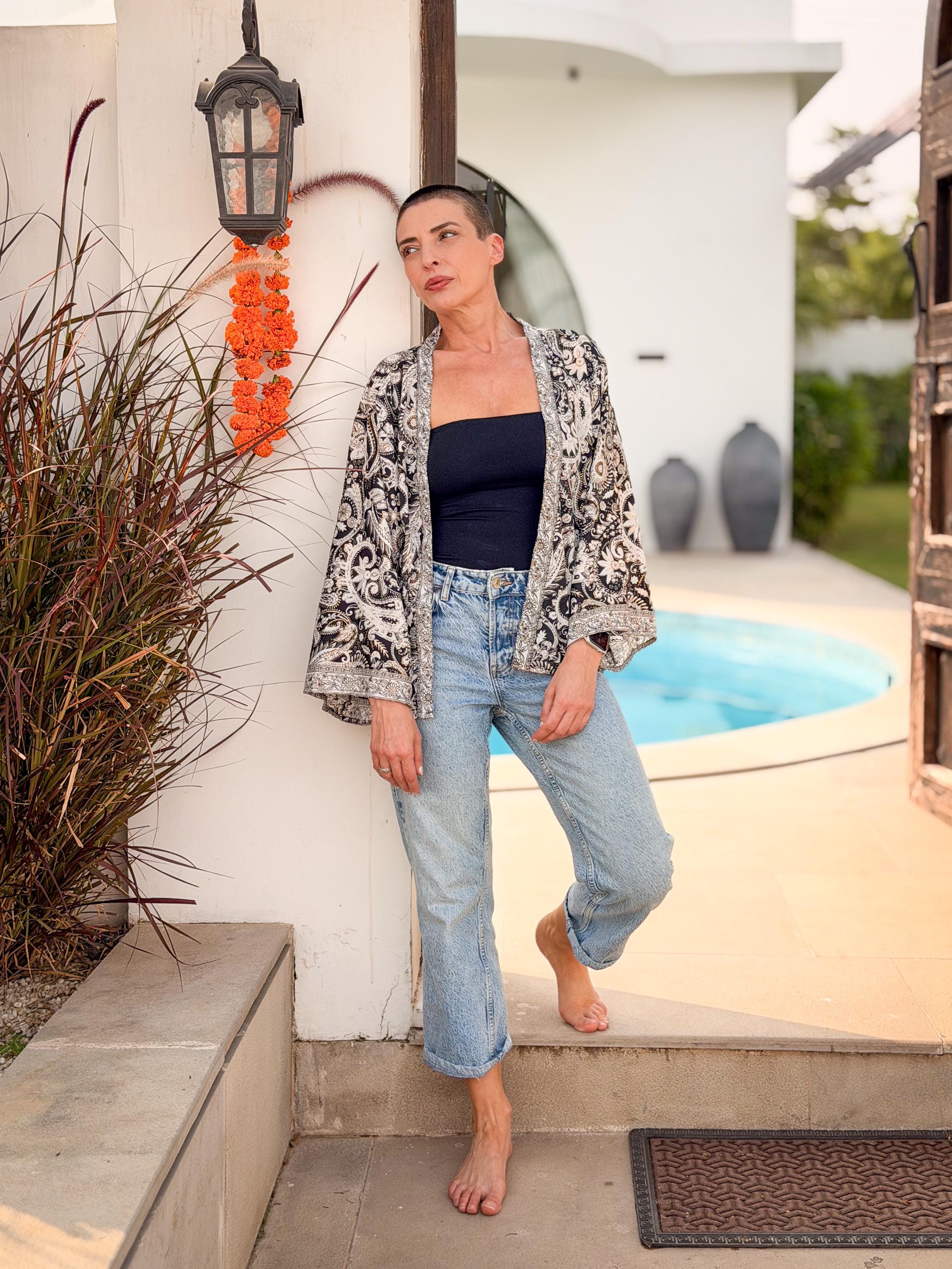 New ! Vintage Silk Kimono Jacket – Short Open Jacket Women – Boho Chic ...