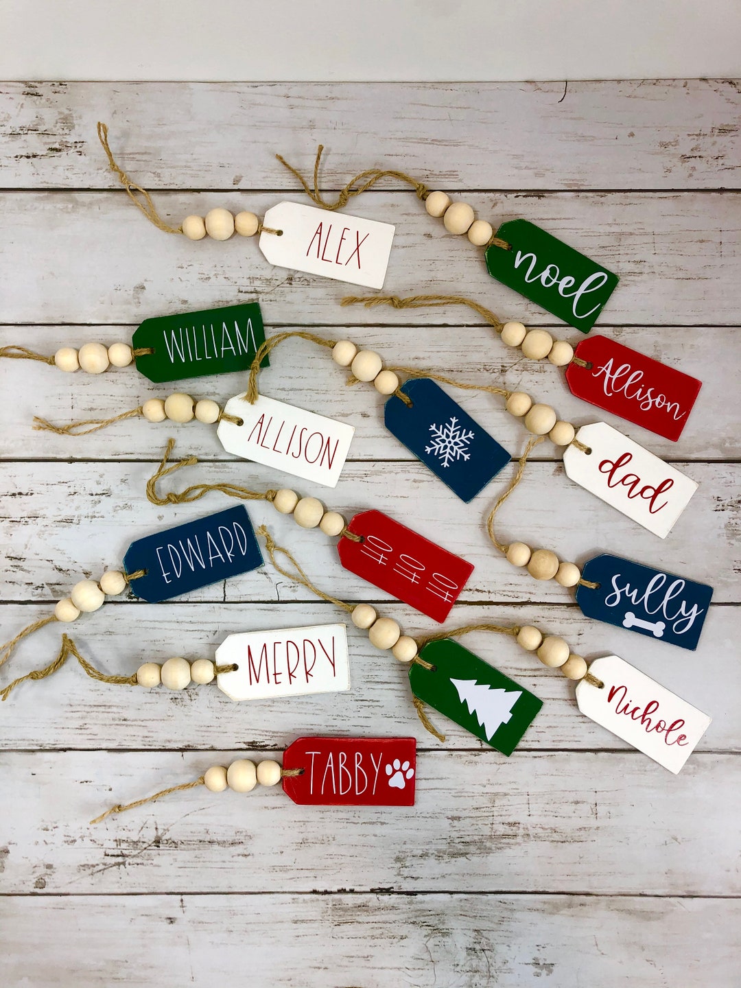 Personalized Stocking Name Tags Red, Blue, Green Wood Tags Neutral Wood ...