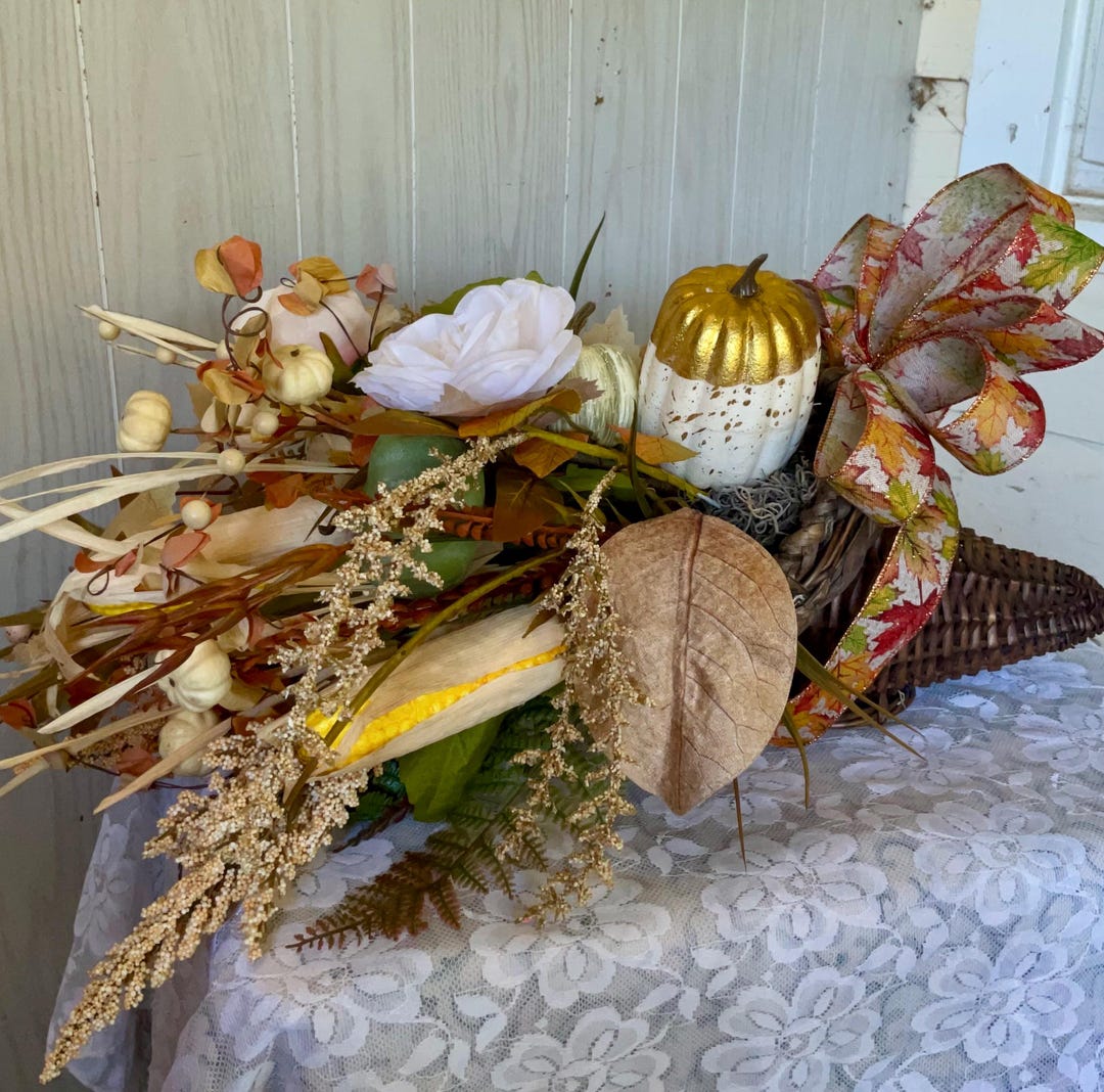 Fall Cornucopia Centerpiece: Thanksgiving Horn of Plenty, Autumn Floral ...