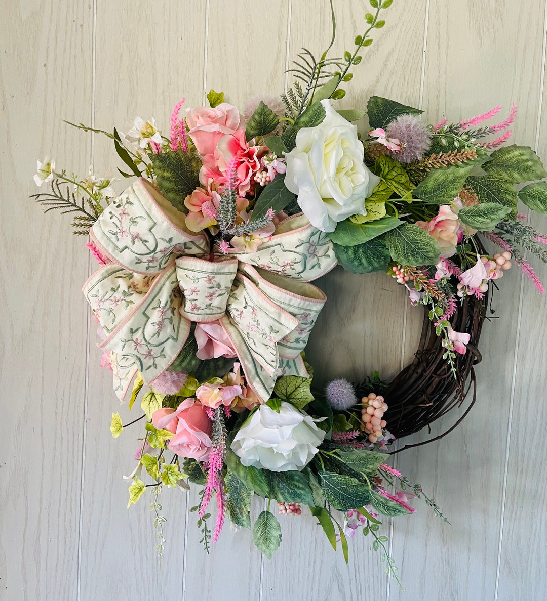 Spring Rose Wreath, Spring Door Wreath, Mothers Day Gift, Summer Door ...
