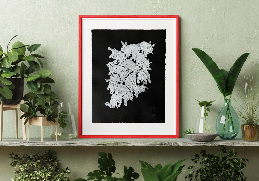 White Rabbits | 11"x14" Handcarved Linoleum Relief Print - Etsy