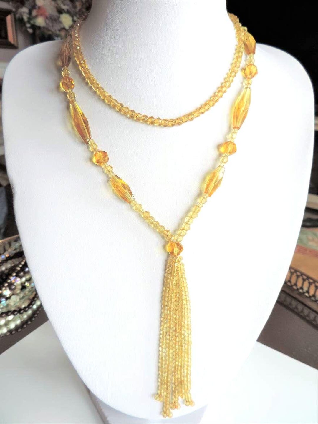 Antique Genuine Art Deco Flapper Necklace/ 1920s Amber Crystal Tassel ...