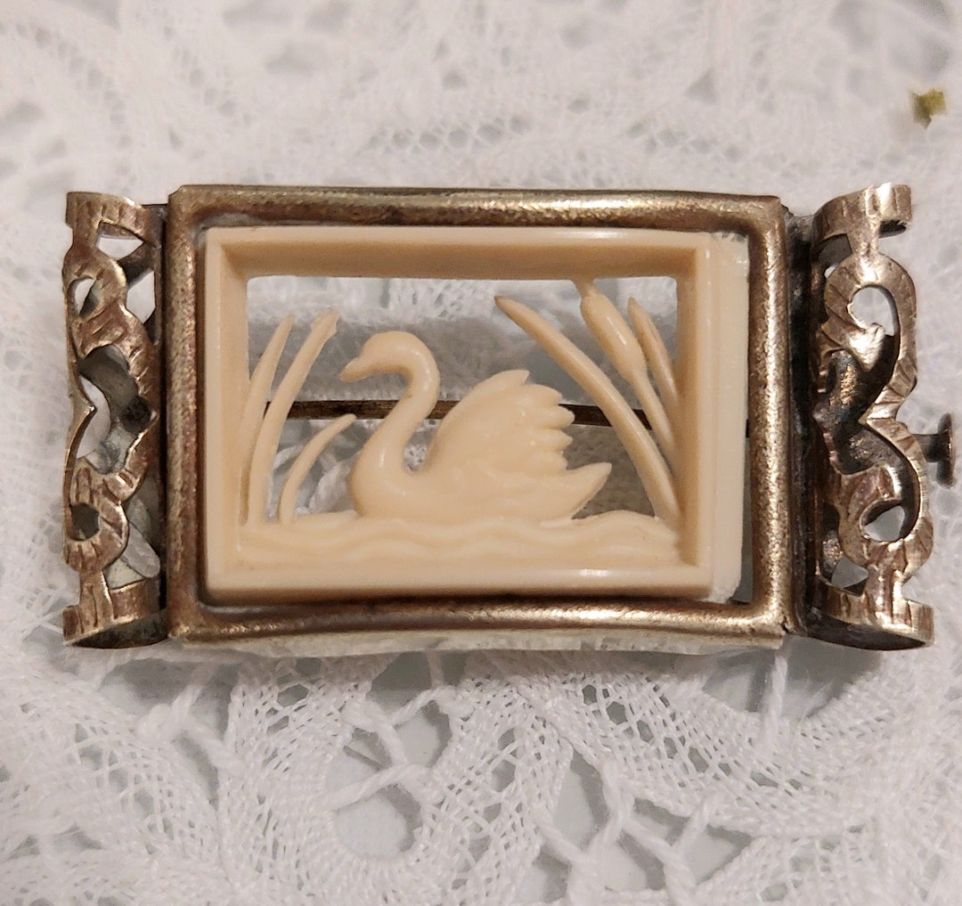 Antique Edwardian Early Celluloid Carved Swan Brooch. With Brass Ornate ...