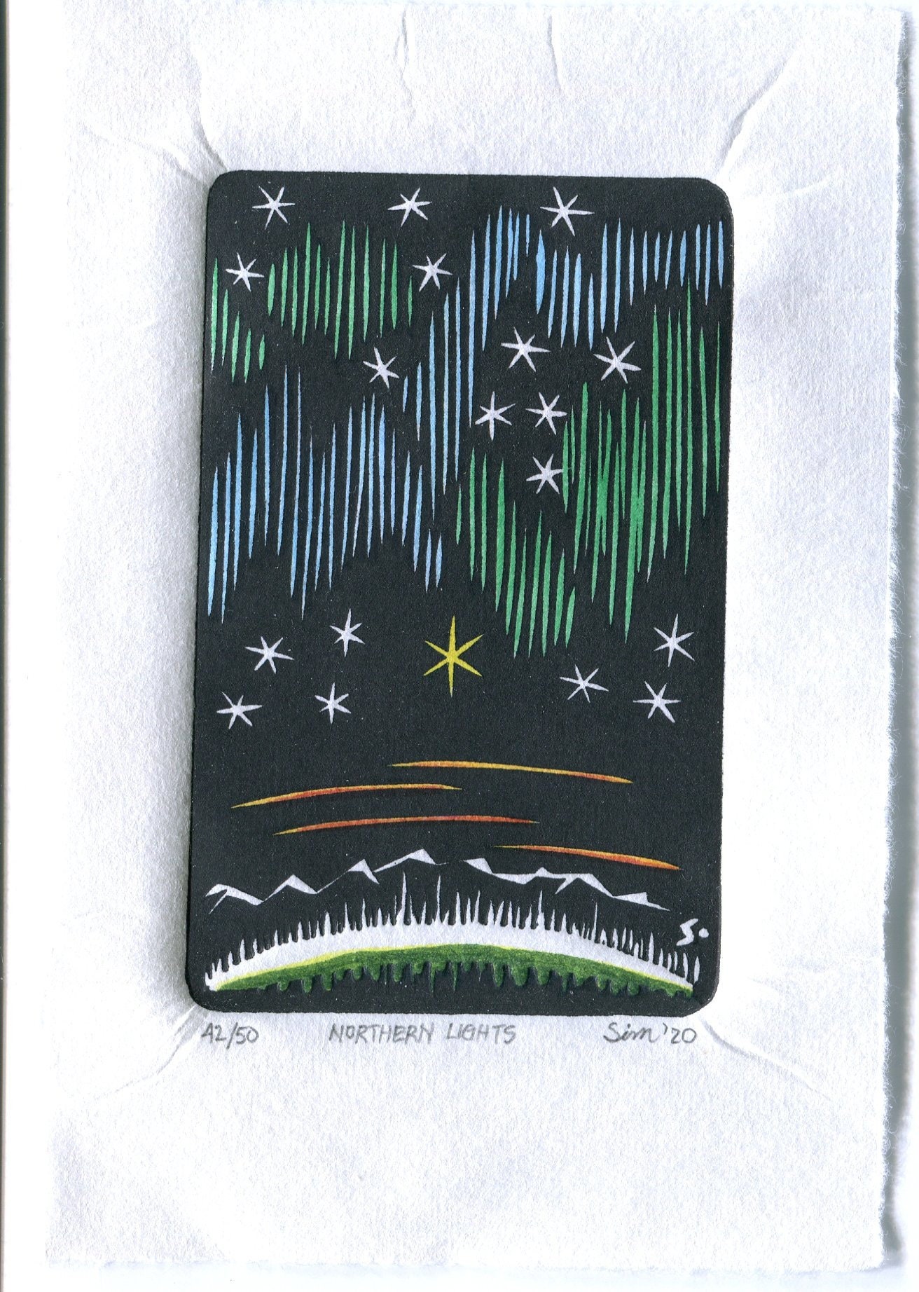 Linocut Relief Print Northern Lights - Limited Edition Hand Tinted - Etsy