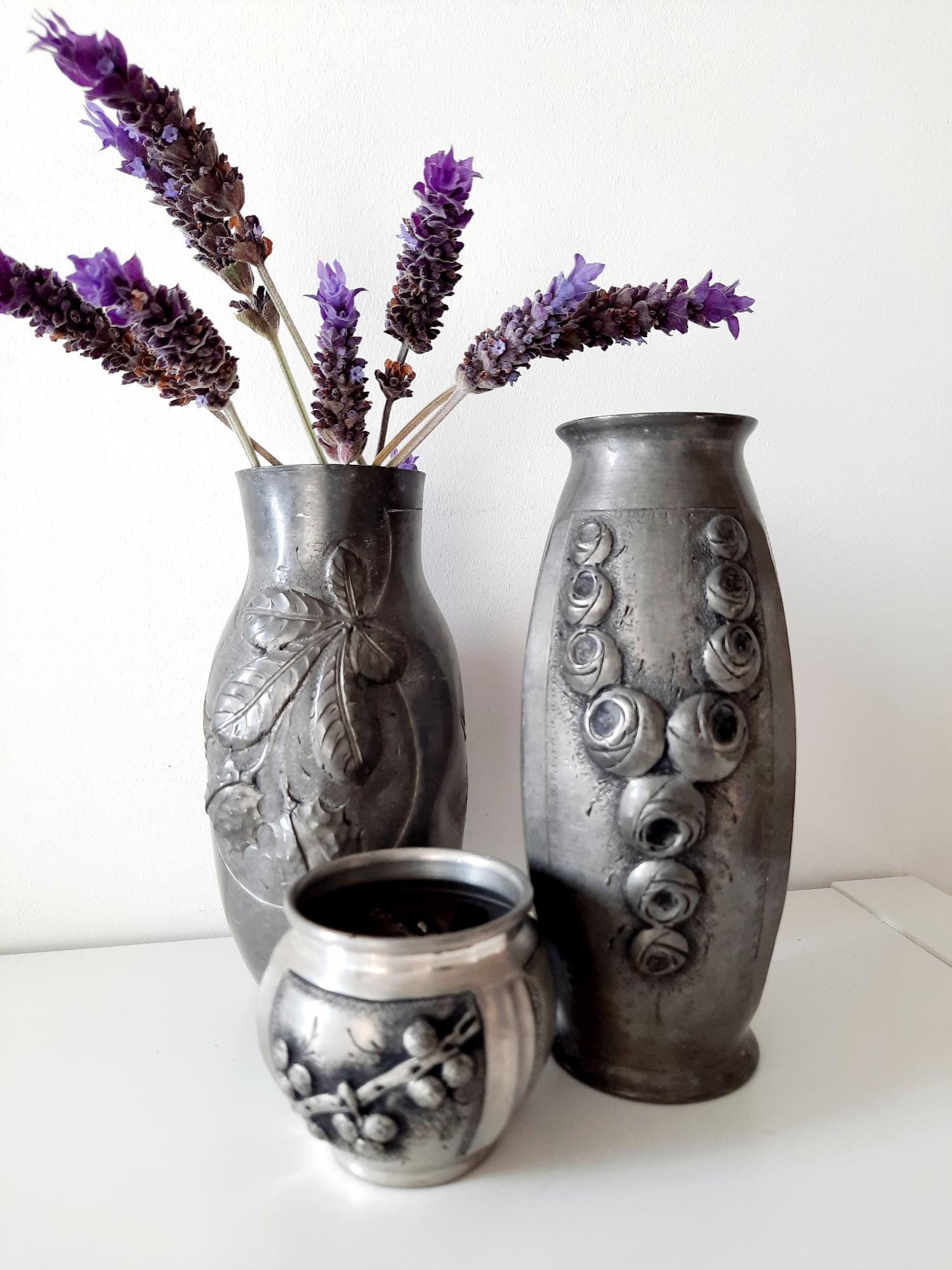 Signed Art Nouveau Pewter Vases, Ornate Vintage French Pewter Vases ...