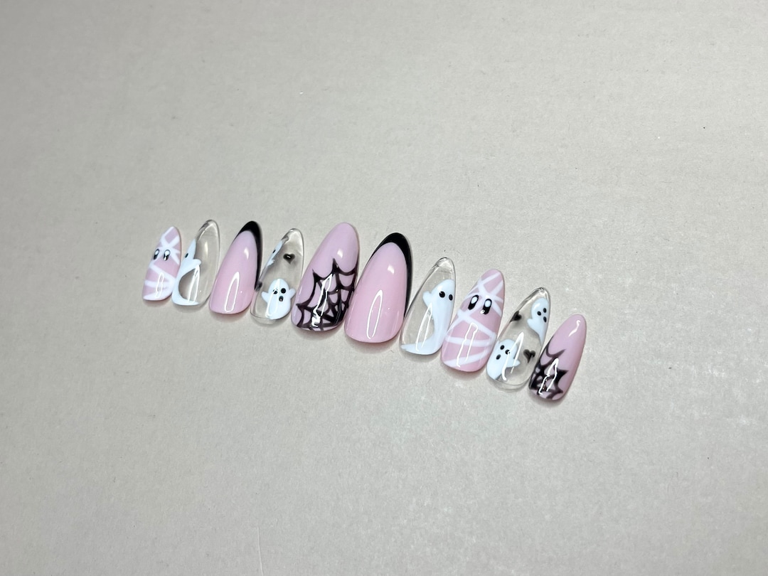 Pink Ghost Nails, Halloween Nails, Almond Nails, Press on Nails, Spider ...
