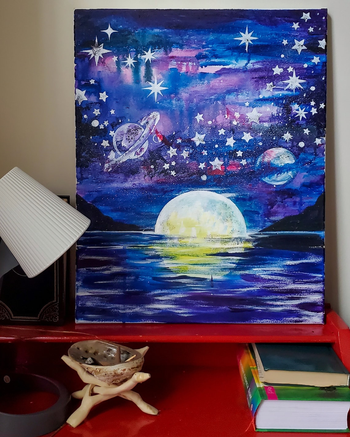 Original Acrylic Space Painting, Moon and Stars, Kids Room Art - Etsy
