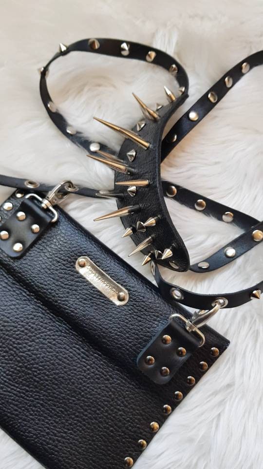 Leather Crossover Bag With Metal Spikes . Spiked Shoulder Pad - Etsy