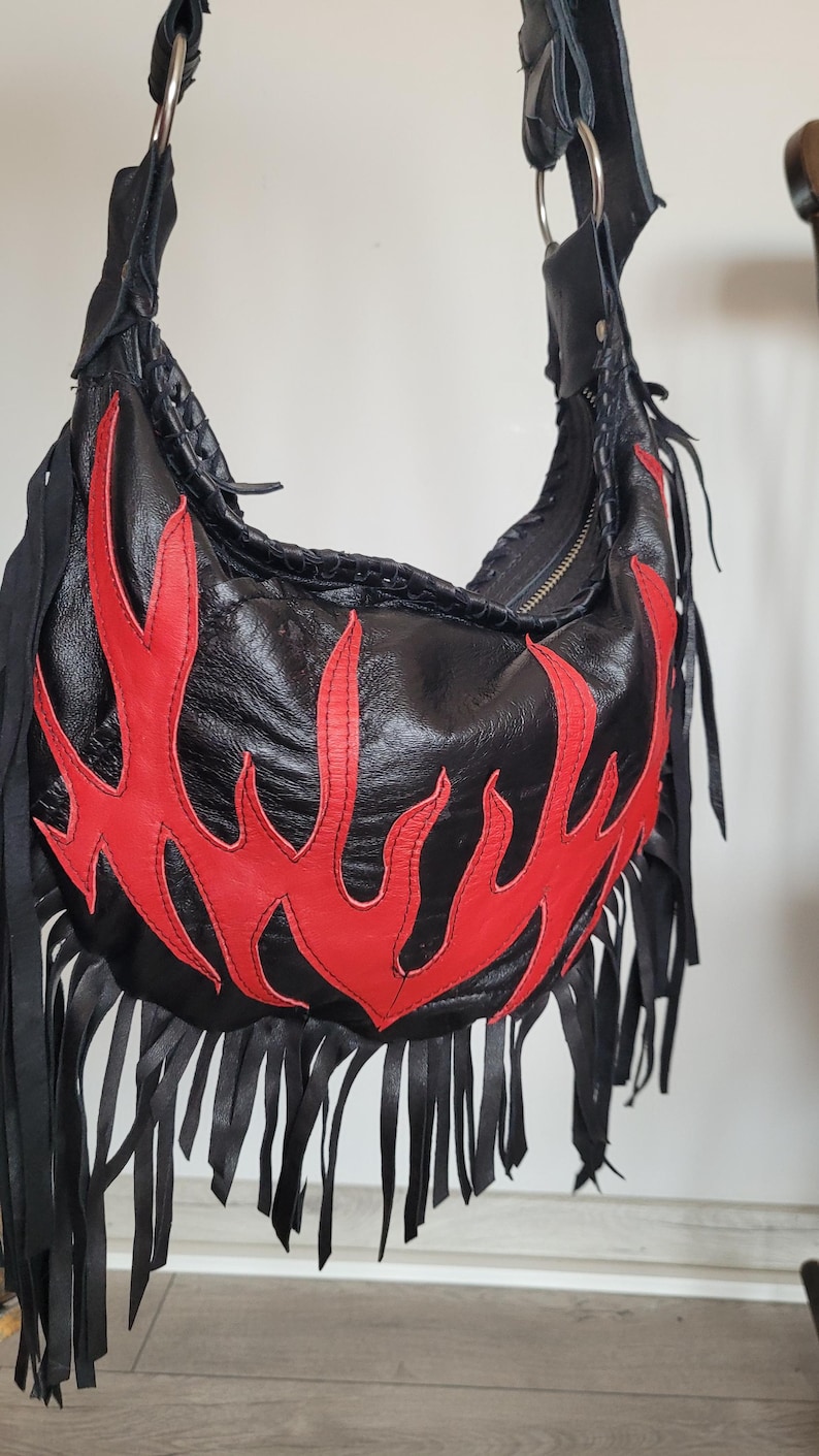 Handmade Black Leather Hobo Bag, Red Flame Applique Fringe Shoulder Bag ...