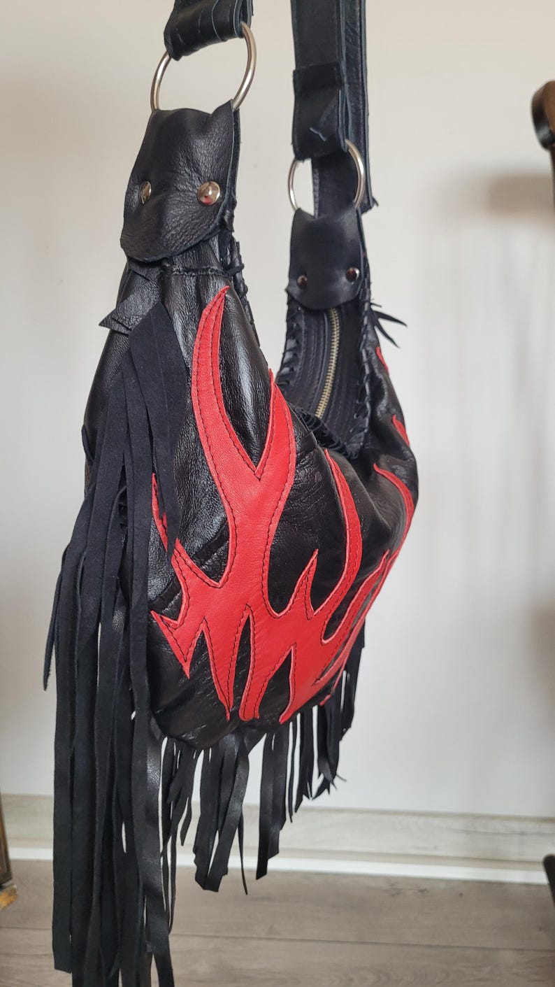 Handmade Black Leather Hobo Bag, Red Flame Applique Fringe Shoulder Bag ...