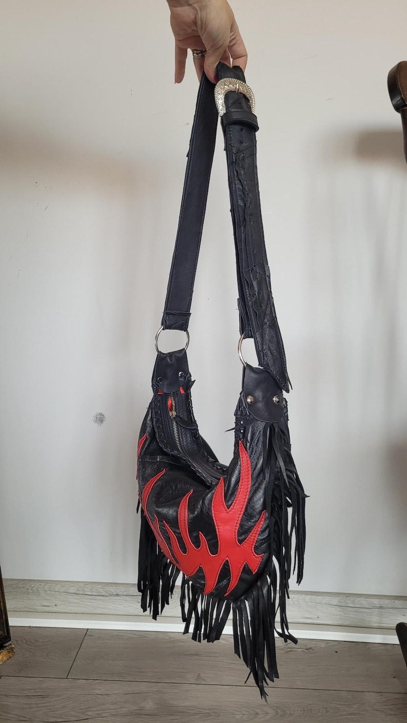 Handmade Black Leather Hobo Bag, Red Flame Applique Fringe Shoulder Bag ...