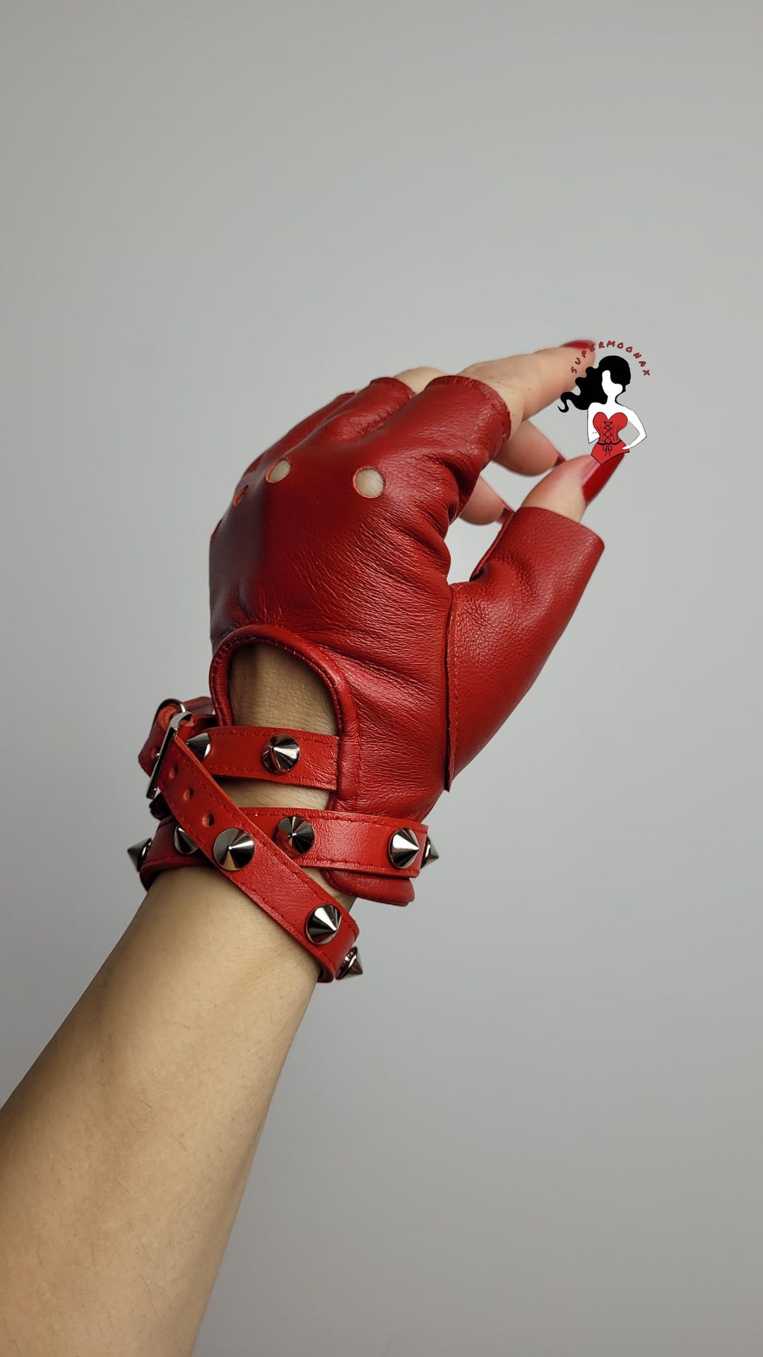 Womens Red Leather Fingerless Gloves: Gothic Punk Rave Rocker Biker ...