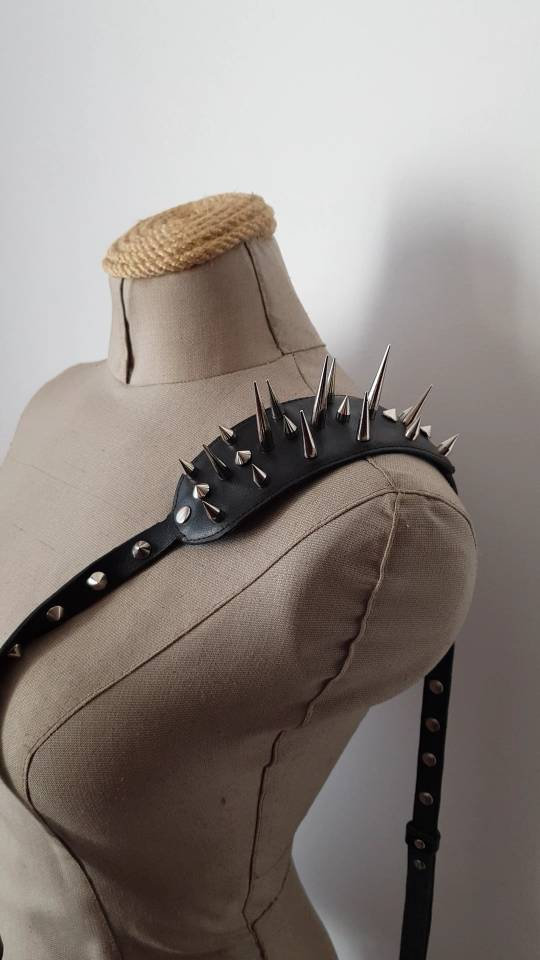 Leather Crossover Bag With Metal Spikes . Spiked Shoulder Pad - Etsy