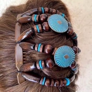 Teal Inca Dark Wood Beaded Hair Accessory, Double Hair Combs for French ...