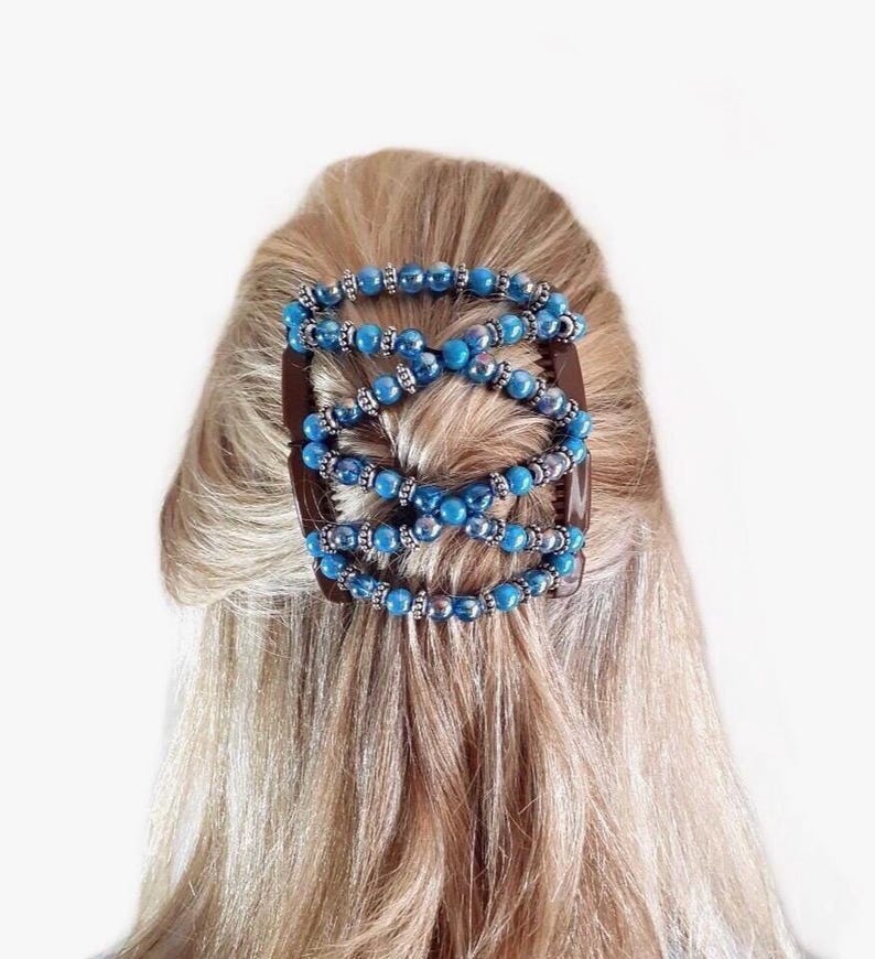 Light Blue Iridescent Two Comb Elasticated Beaded Hair Clip, Ponytail ...