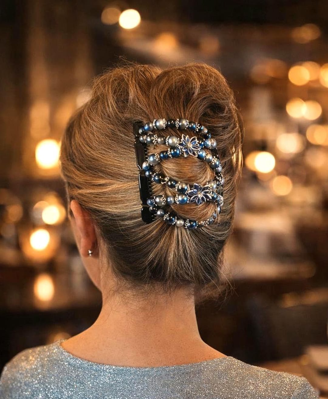 Blue Sparkling Fantasy Two Comb Elasticated Beaded Hair Clip, Ponytail ...