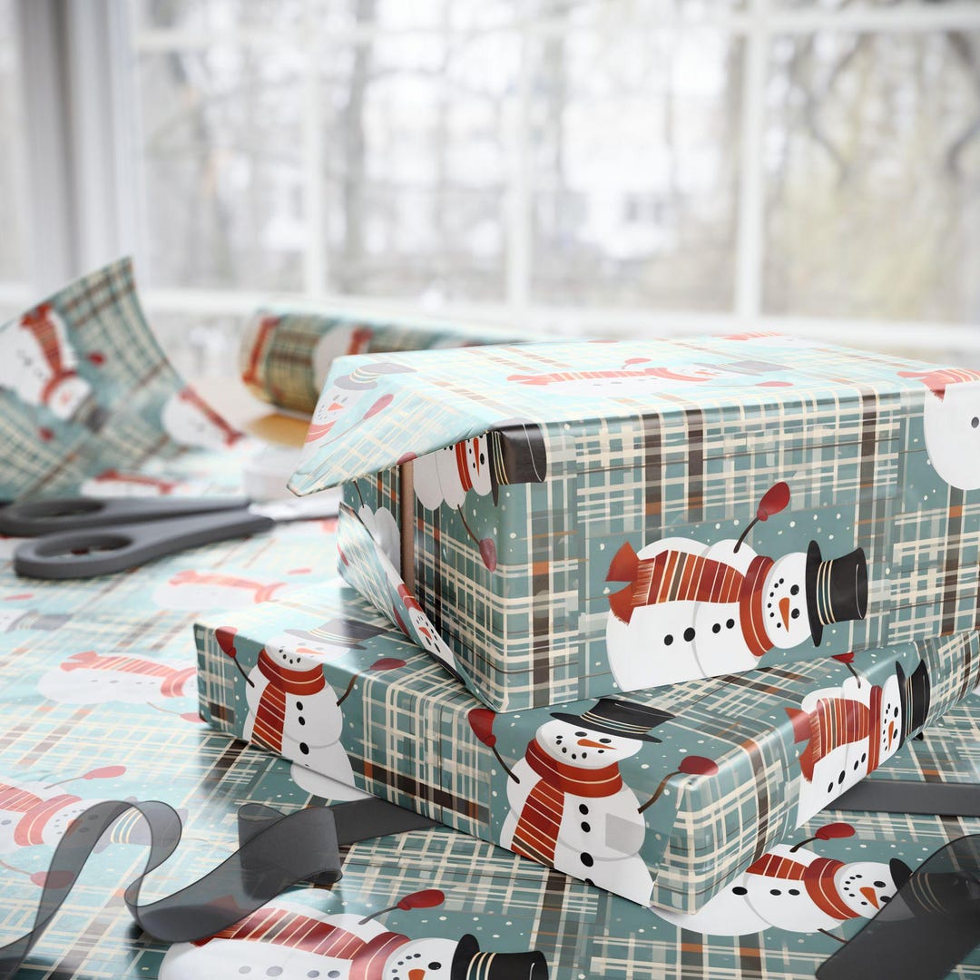 Mid-century Modern Wrapping Paper - Vibrant Christmas Snowman With Blue ...