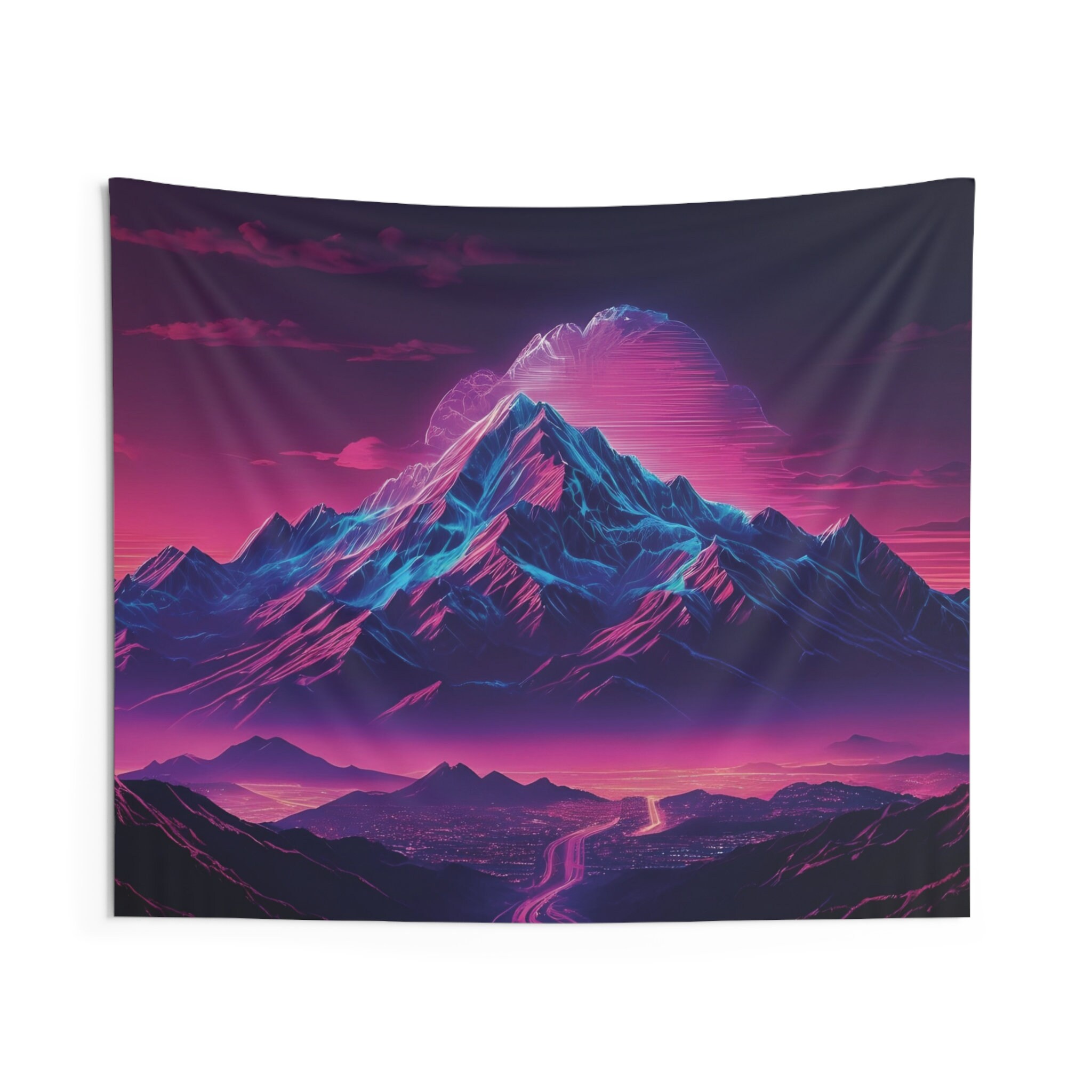 Vaporwave Neon Mountain Vista Tapestry, Synthwave Mountain View Wall ...