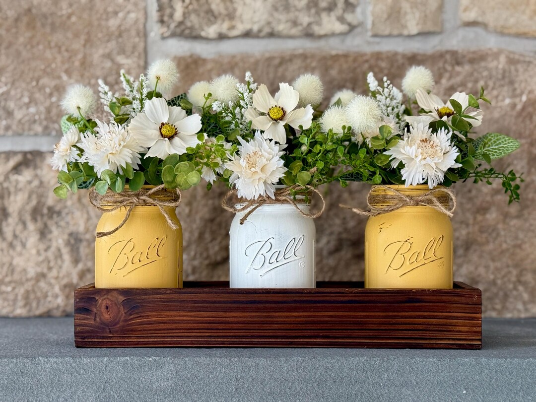Mason Jar Centerpiece - 3 Jar Set, Farmhouse Style Mason Jar Set in ...