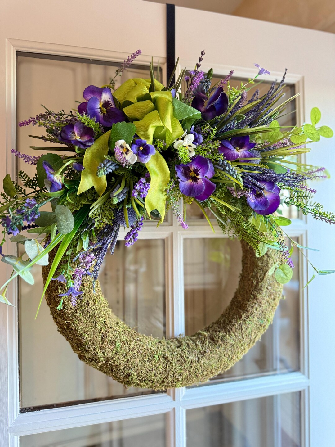 Spring Moss Wreath With Pansy and Lavender, Woodland Style Purple and ...