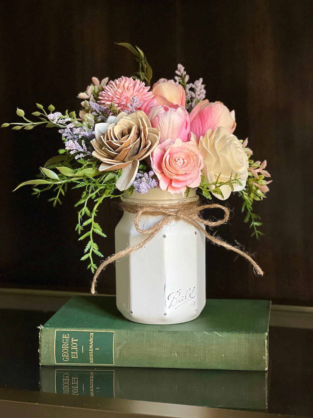 Spring Mason Jar Floral Arrangement, Wood Flower Centerpiece, French ...