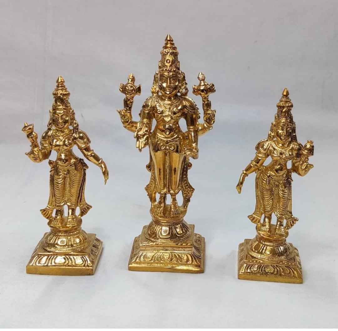 6 Inch Handmade Panchaloha Lord Vishnu, Lakshmi and Padmavati - Set of ...