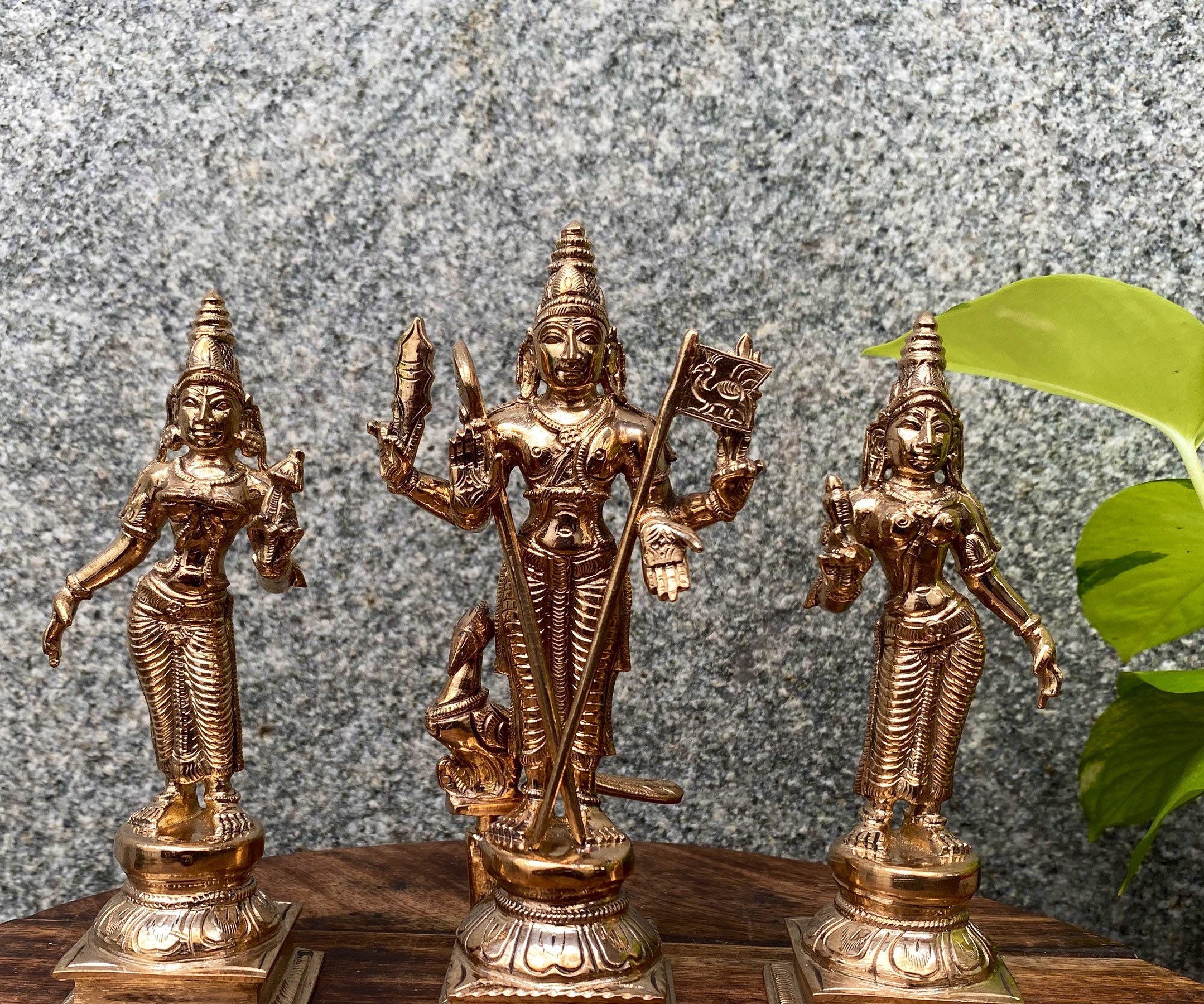 6-inch-handmade-panchalogam-lord-murugan-with-valli-deivani-set-of-3