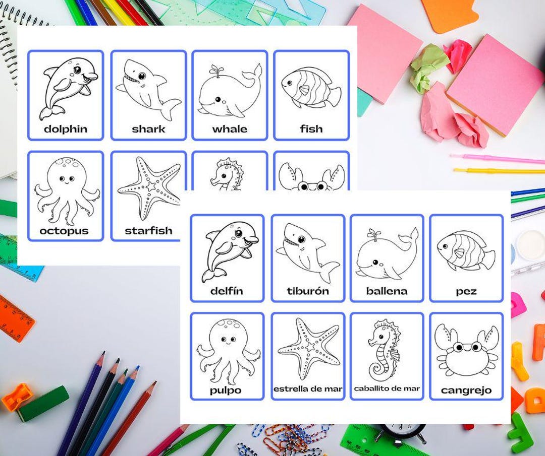 Bilingual Sea Animal Coloring Pages, English & Spanish Learning Bundle ...