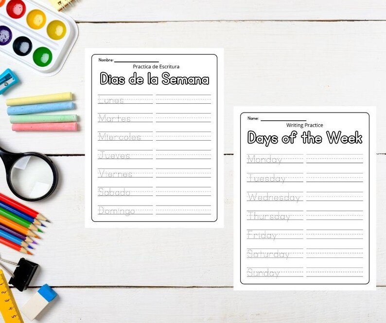 Days of the Week Practice Writing in English and Spanish - Etsy
