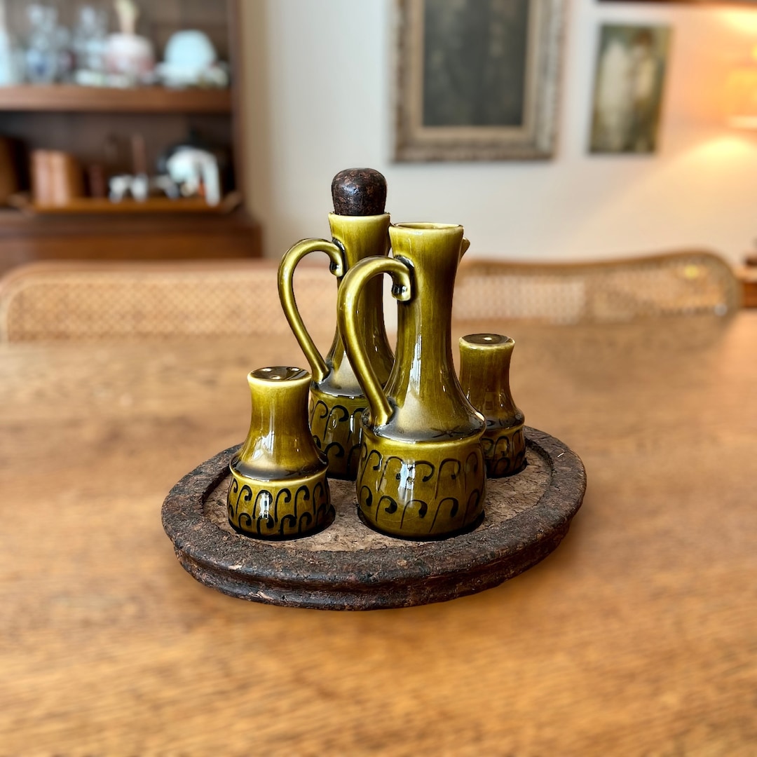 Vintage Cruets Salt and Pepper Shaker Set on Cork Tray Made in Portugal ...