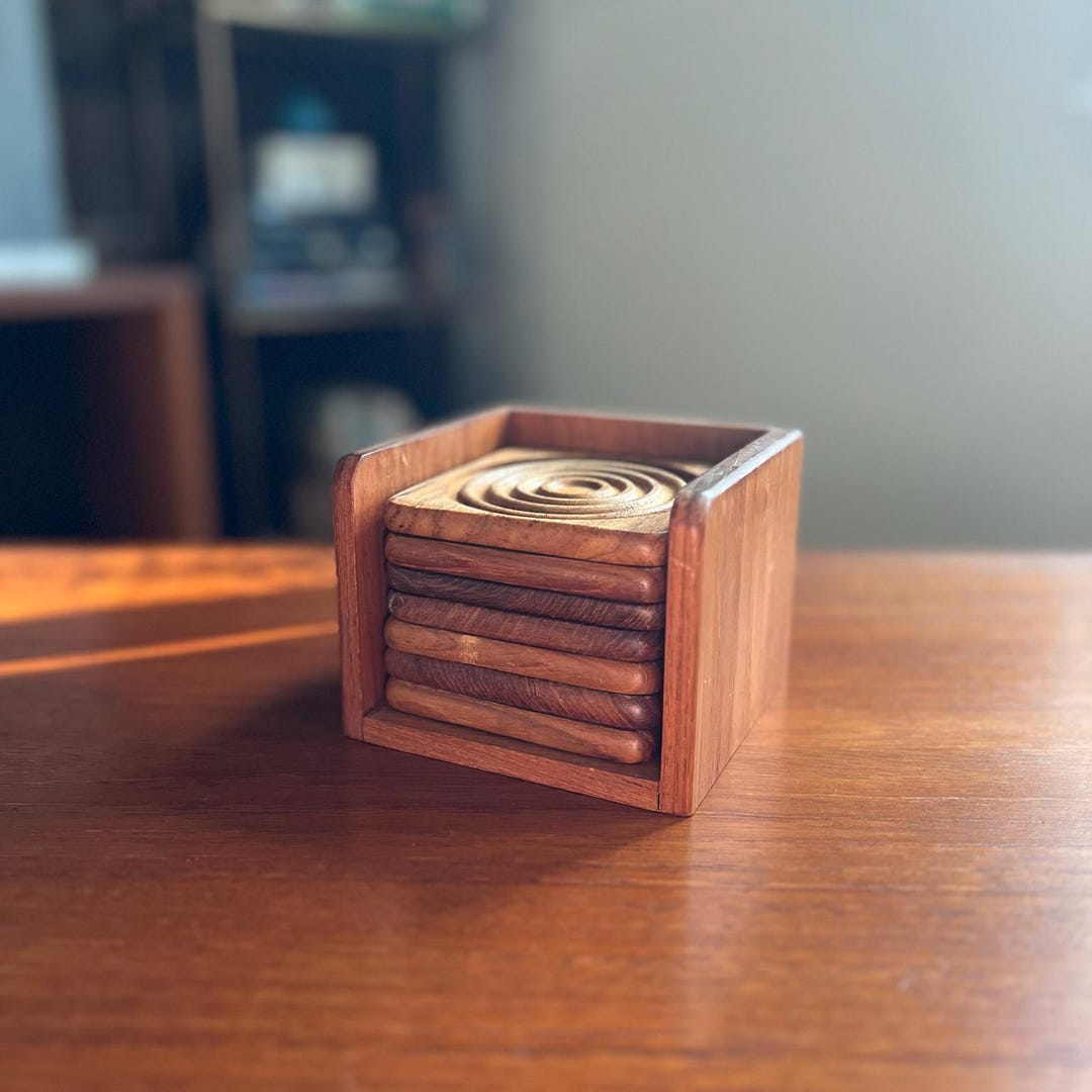 Vintage Teak Bullseye Square Coaster Set and Holder by Goodwood | 7 ...