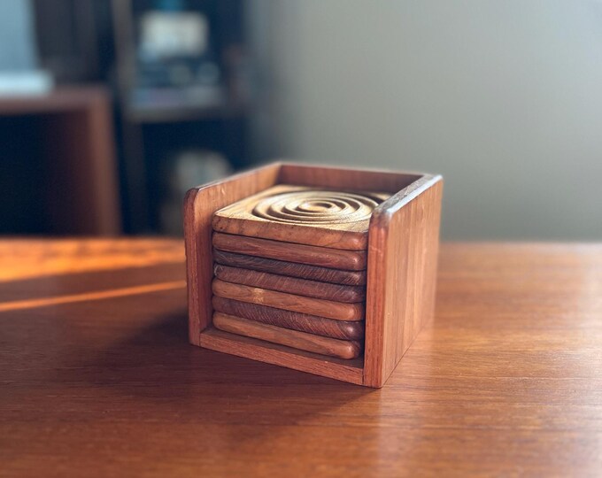 Vintage Teak Bullseye Square Coaster Set and Holder by Goodwood | 7 ...