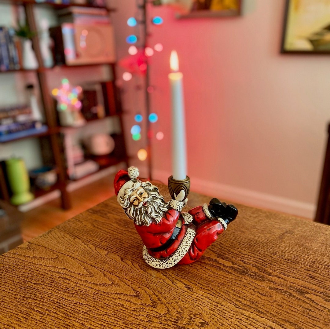 Vintage Painted Paper Mache Sitting Santa Taper Candle Holder | Santa ...