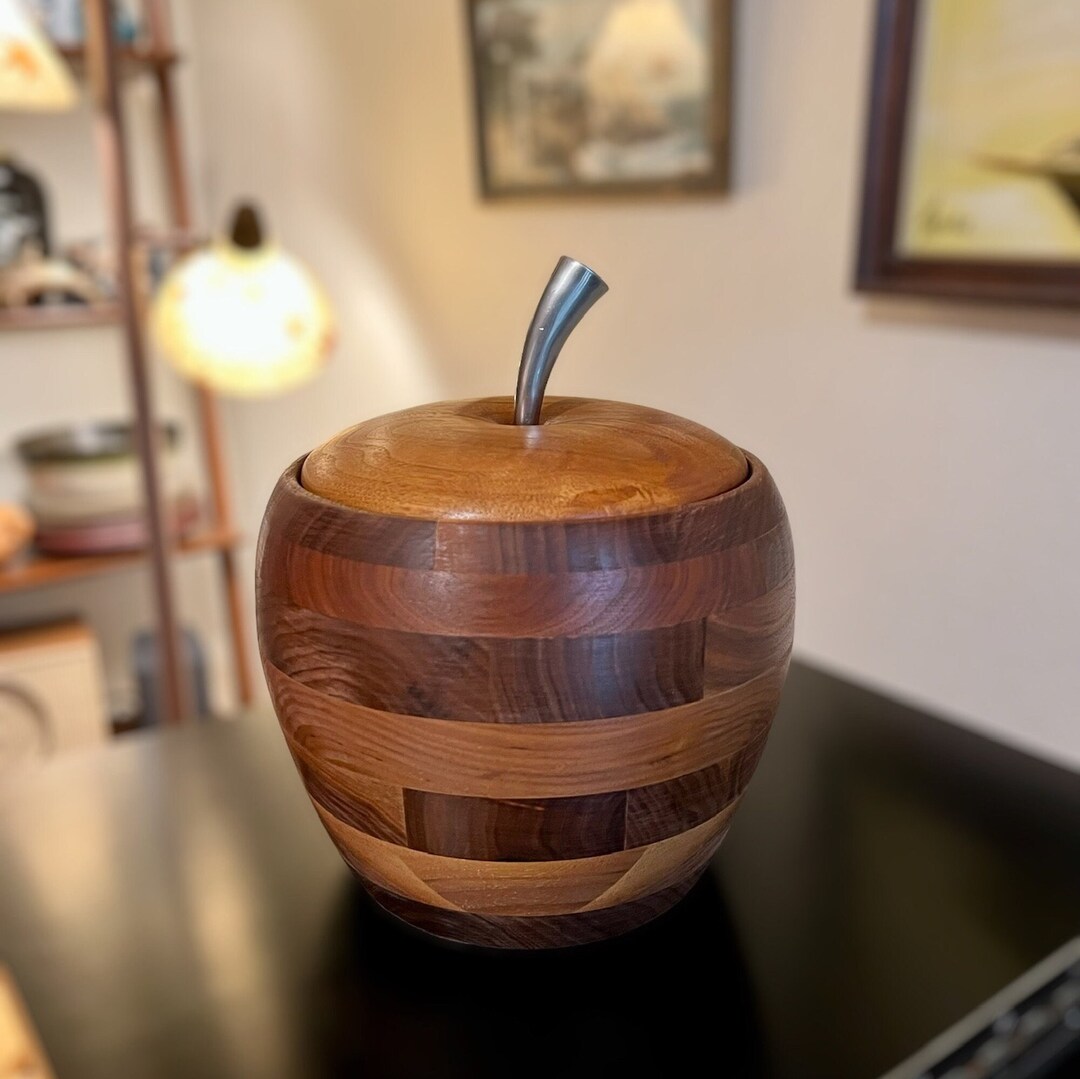 Vintage Apple Shape Solid Walnut Wood Ice Bucket With Brass Stem Mid ...