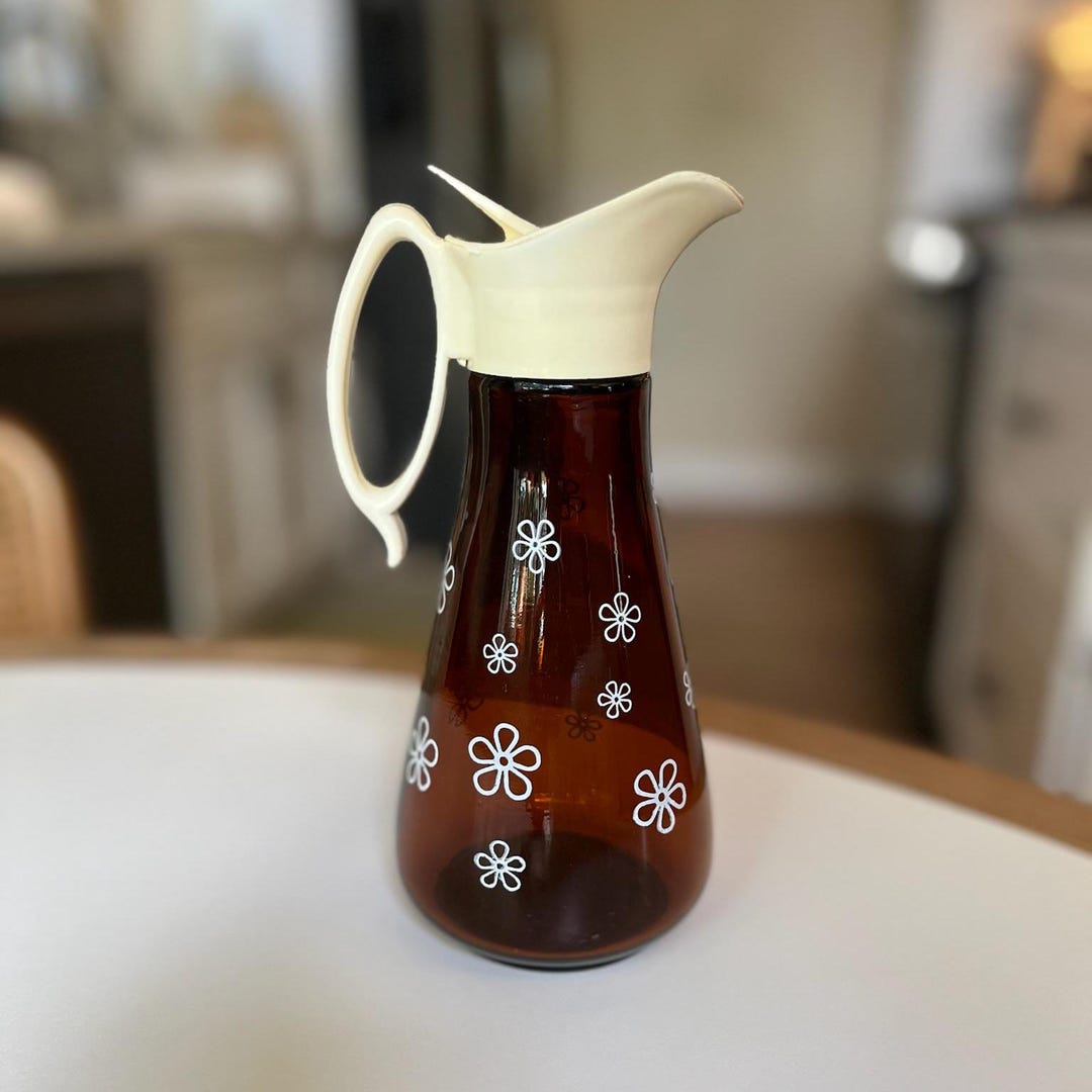 Amber and White Daisy Design Glass Syrup Dispenser Bottle by Thatcher Glass Mfg Made in USA ...