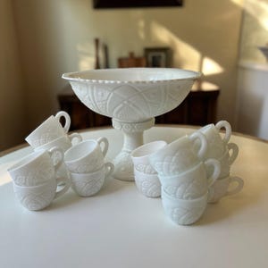 Vintage 17-piece Concord Pattern Milk Glass Punch Bowl Stand and Cups ...