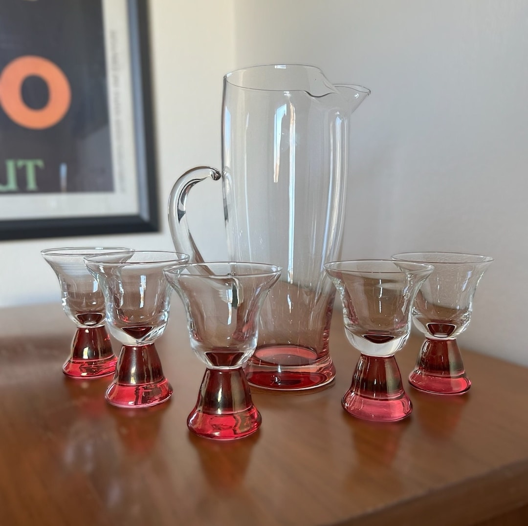 Vintage 6-piece Set of Art Deco Pink Bottom Cocktail Pitcher and ...